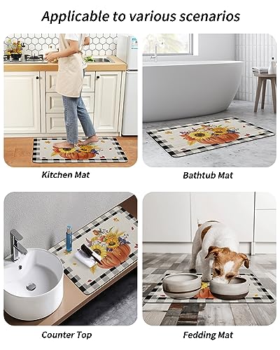 Bathroom Floor Shower Mat, Non-Slip Small Rugs - Easy to Clean, Thanksgiving Pumpkin Sunflower Maple Leaf Durable Bath Rug 16"x24" Washable Quick Dry Diatomaceous Earth Mats for Bathtubs