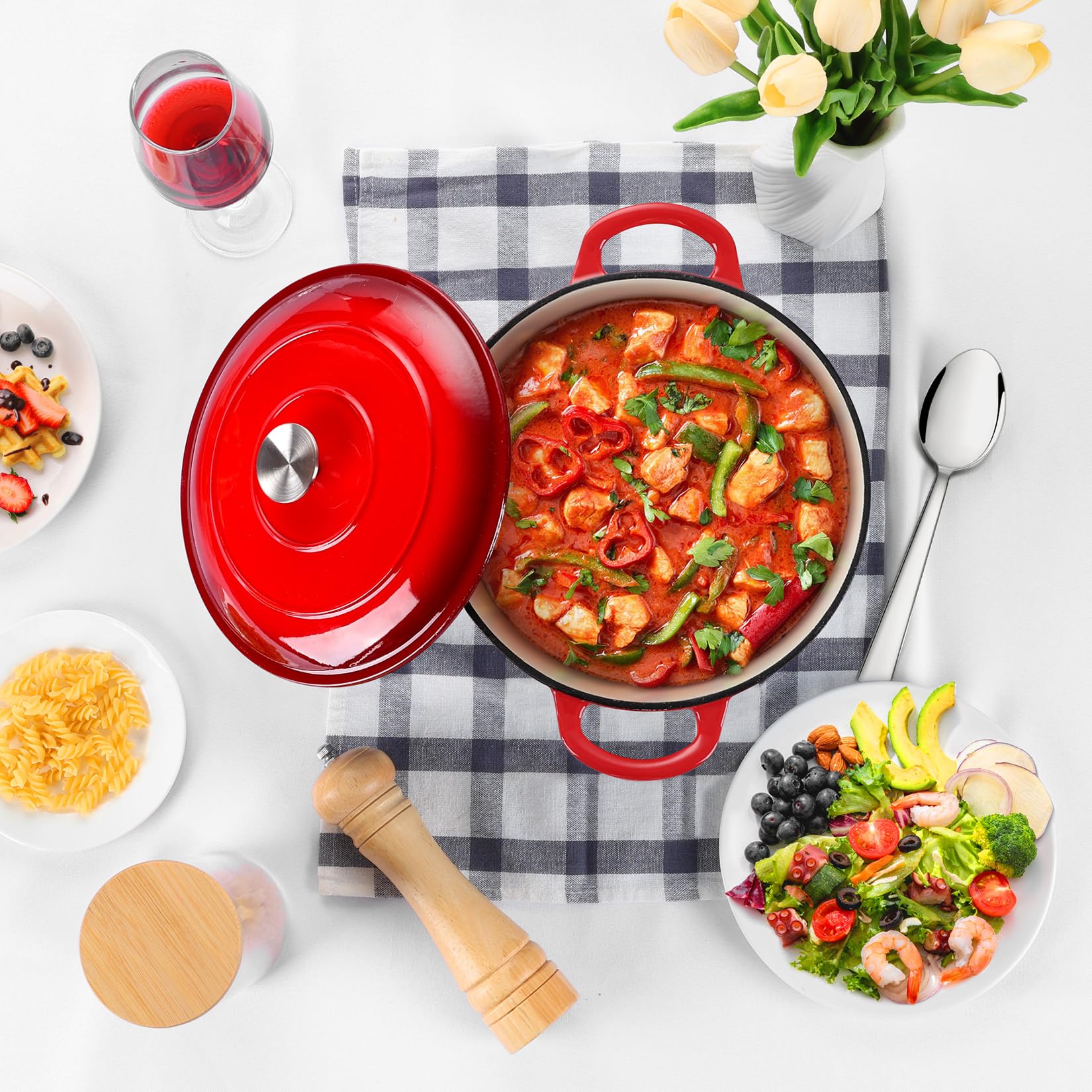 6 Quart Enameled Dutch Oven with Lid, P&P CHEF 6 Qt Cast Iron Dutch Oven Pot, Enamel Round Dutch Oven Cooking Stock Pot for Braising, Stewing, Roasting, Baking, Various Stoves & Oven Safe (Red)