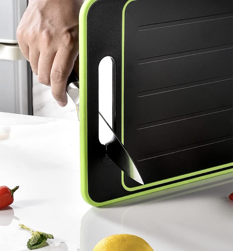 4 in 1 Cutting Board and Defrosting Plate with Knife Sharpener and Garlic Grinder (Black)