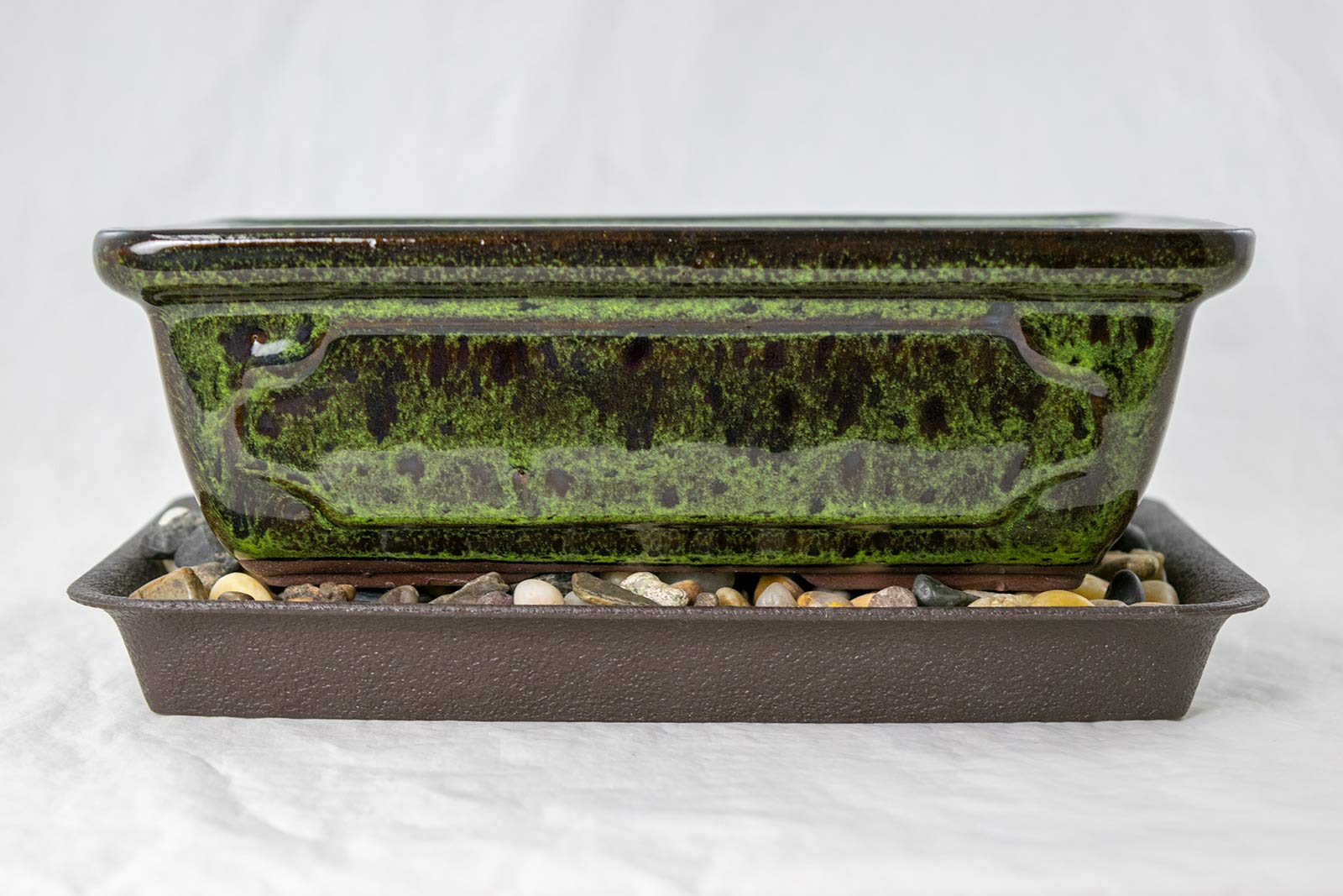 8" Rectangular Moss Green Bonsai/Succulent Pot + Tray + Rock + Mesh Combo