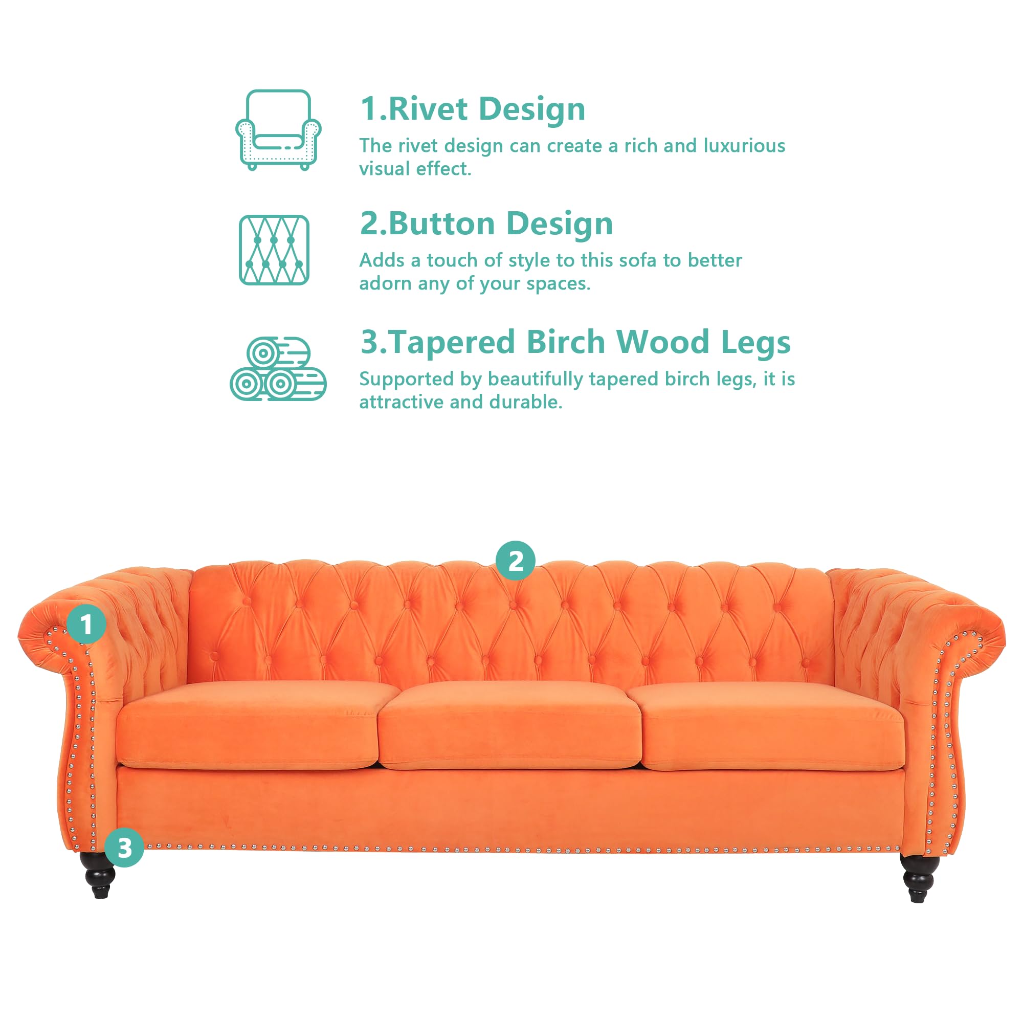 affeivul Tufted Velvet Sofas para Sala, Comfy Big Wide Deep Living Room Couch with Armrest, Mid Century Modern Sofa Couch for Bedroom,Office (Orange Velvet Couch, 3 Seater)