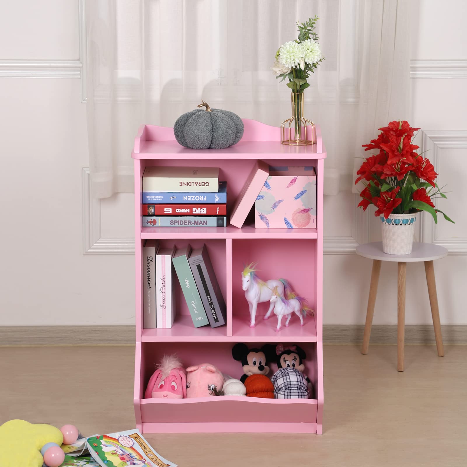 AFBKSS&BB Children Book Shelf, Kids Wood Shelf, Children Multi-Functional Bookcase, Wood Storage Cabinet and Toy Storage Bin (Pink)