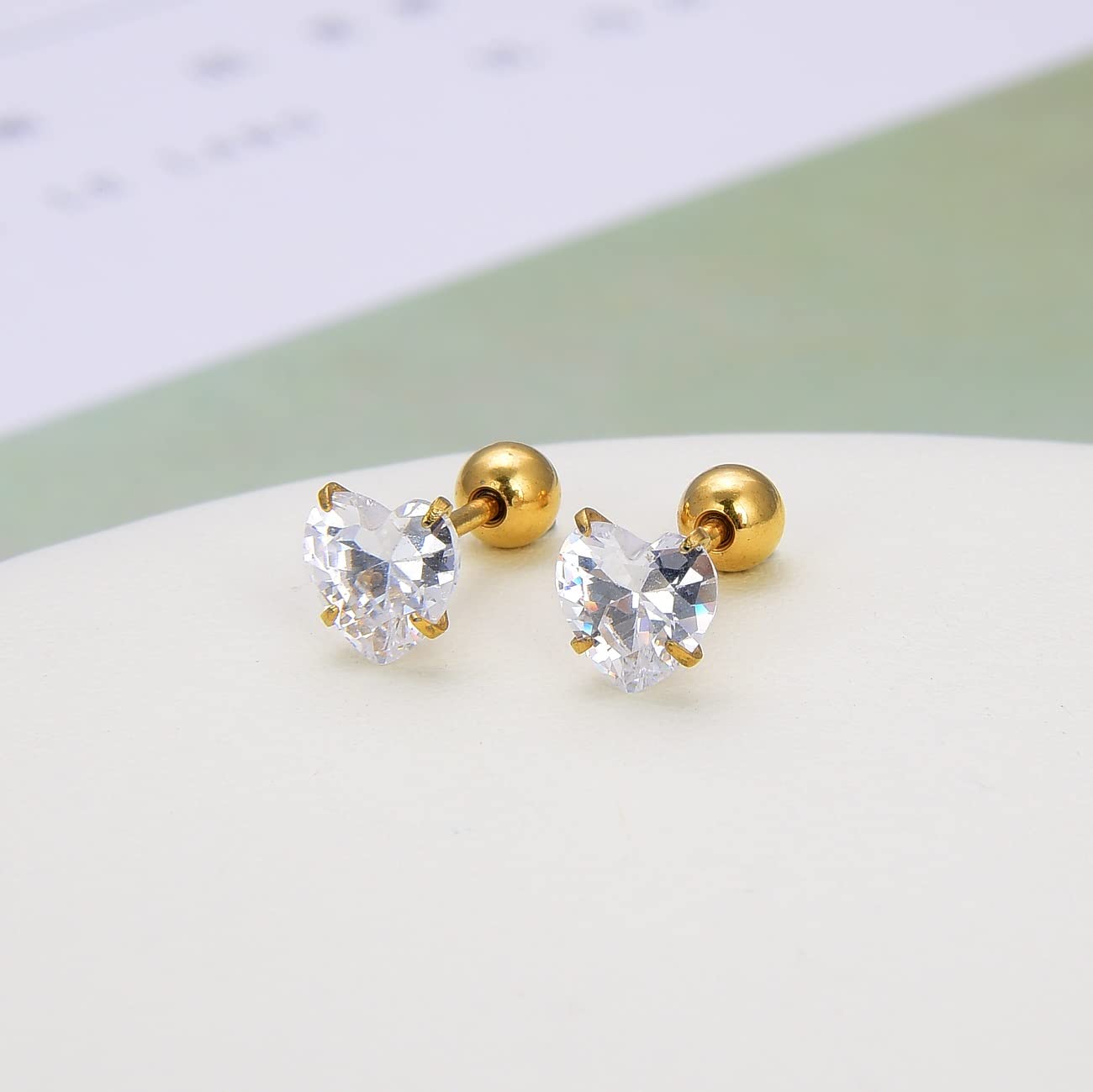 4 Pairs Screw Back Surgical Stainless Steel Stud Earrings, Gold Plated Silver Heart Star Square Princess Cut Round CZ Cubic Zirconia Stud Earrings Set (Gold Heart CZ)