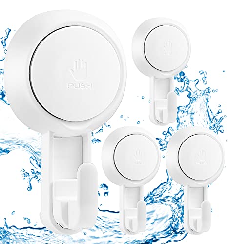 LUXEAR Suction Hooks Powerful Vacuum Suction Cup Hooks- No Drilling No Damage The Wall Shower Hooks for Towel, Robe, Loofah in Bathroom Kitchen Hanger Hooks for Spoons Reusable Removable (4 Pack)