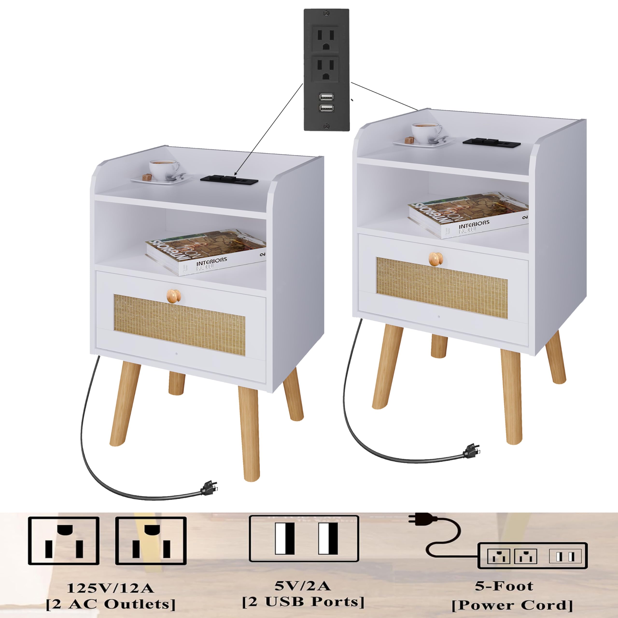 Gyger Nightstand Set of 2,Wood Nightstand with Charging Station,Bed Side Table with Rattan Decor Drawer,Small Night Table with Storage for Bedroom,White