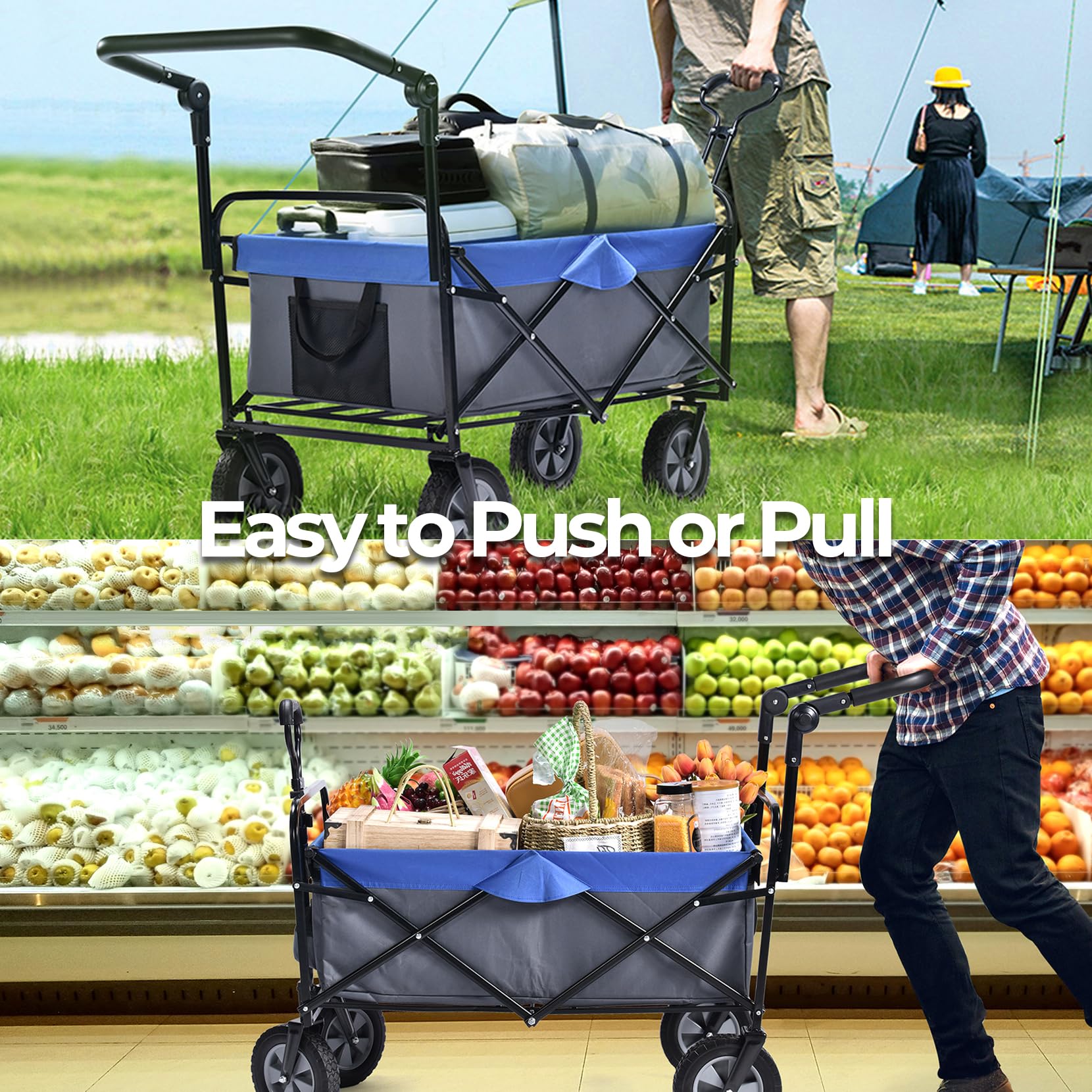 220 lbs Capacity Foldable All Terrain Utility Wagon for Outdoor Camping, Shopping, Sports - 100L, Push Pull Cart