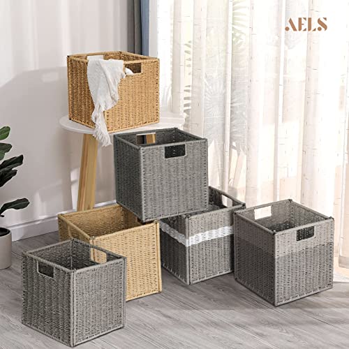 AELS Woven Baskets for Storage, Natural Hand-woven Storage Baskets for Organizing, Cubby Cubes Storage Bins for Shelves, 11" Modern Farmhouse Square Storage Cubes with Handles, Light Gray, 4 Pack