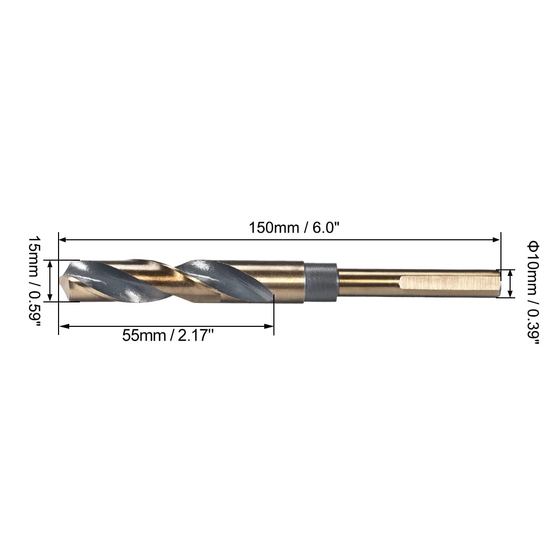 uxcell Reduced Shank Twist Drill Bits 15mm Black Nitride & Gold Titanium Coated High Speed Steel 4341 with 10mm Shank for Stainless Steel Alloy Metal Plastic Wood