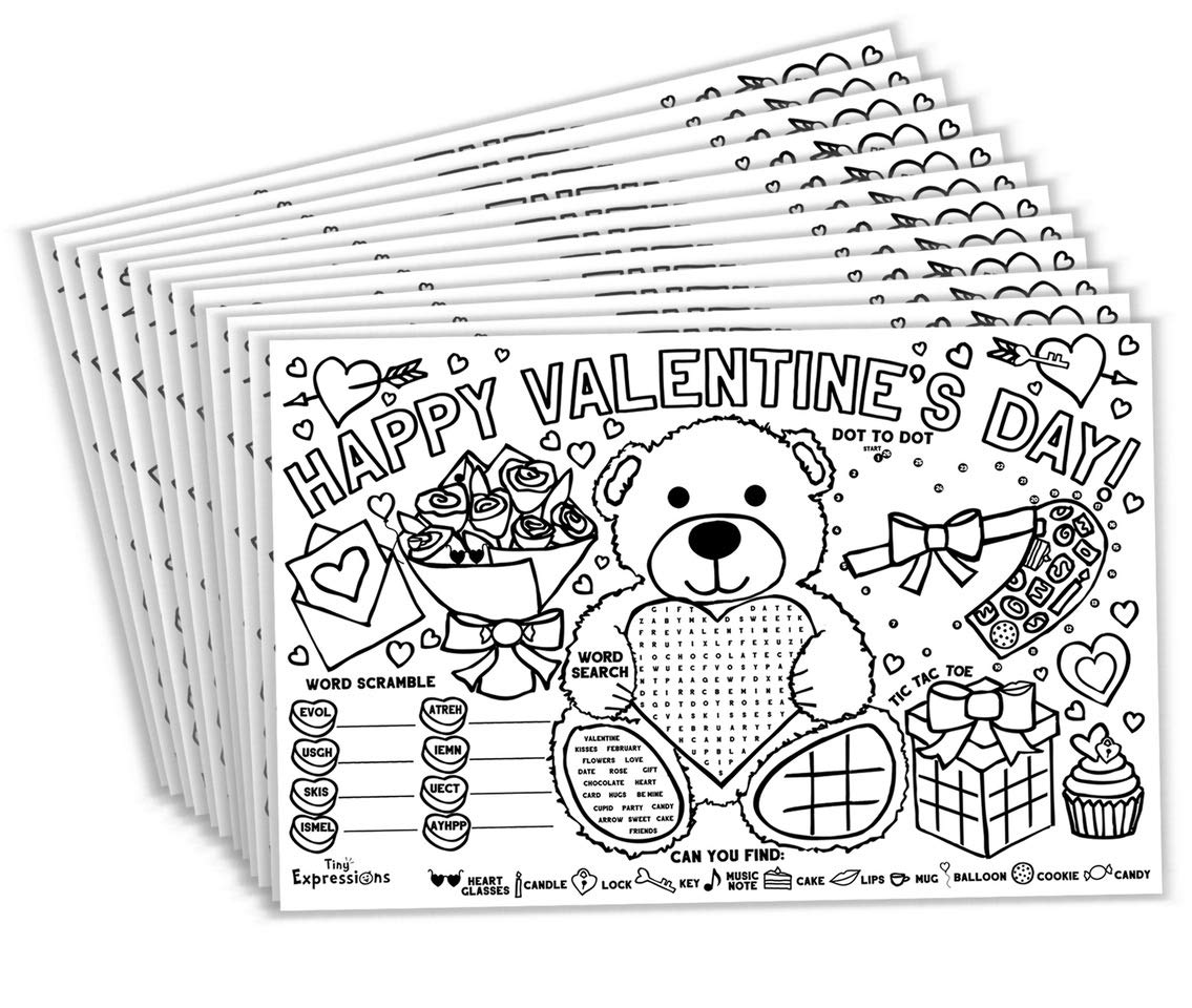 Tiny Expressions - Valentine's Day Coloring Placemats for Kids – Pack of 12 Disposable Paper Mats for Kids Table at Valentines Party, Includes Activities & Games for Kids