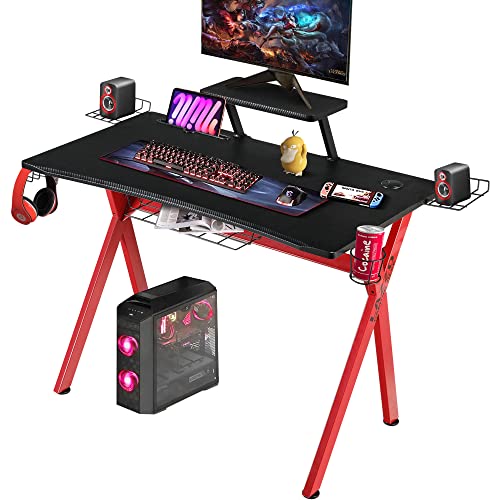 OKL 42” Gaming Desk- Home Office Computer Table, Black Carbon Fiber Gamer Workstation with Monitor Support,Headphone Hook,Pad Groove,Cable Management Holes,Storage Basket for PS4 Xbox (Red)