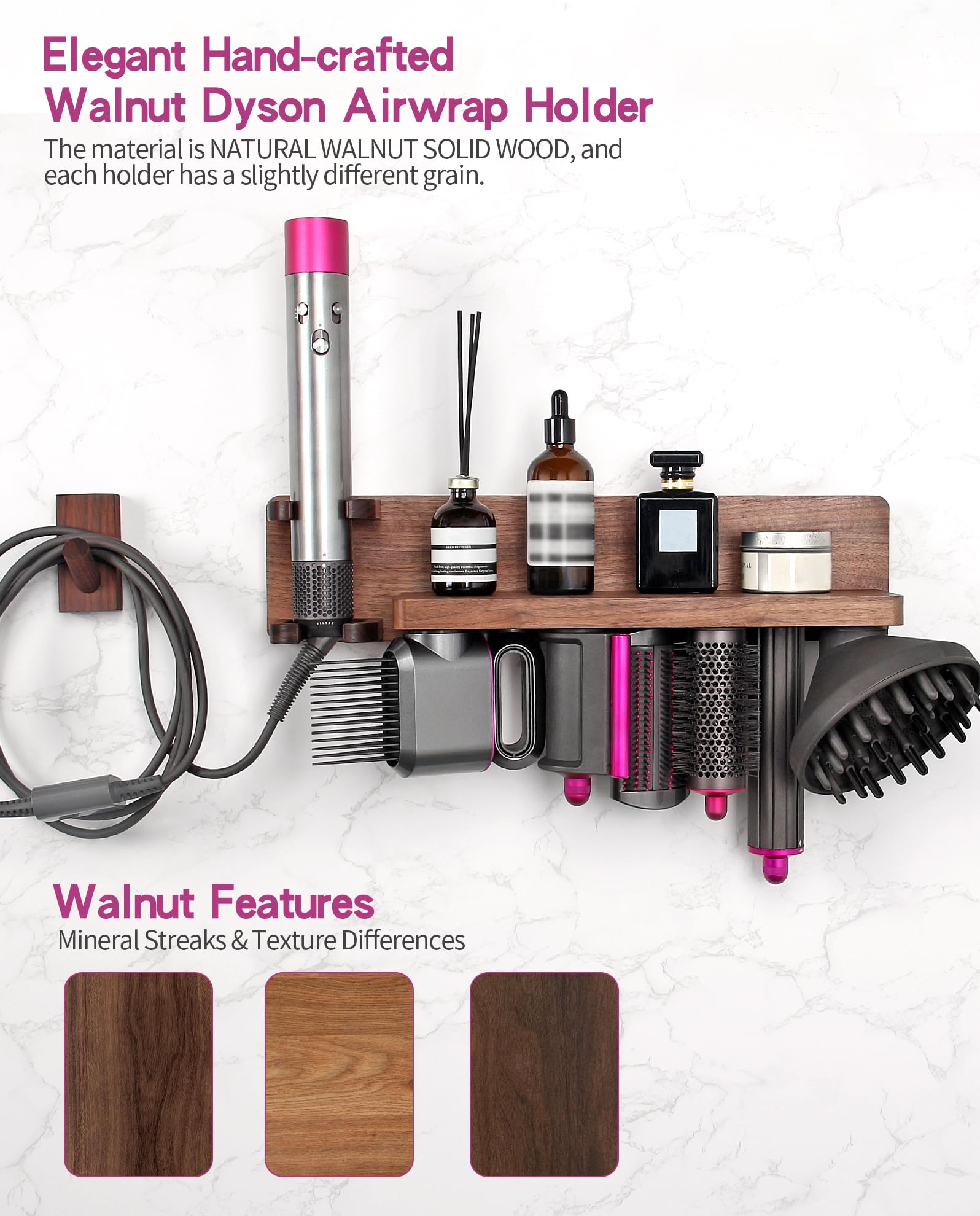 Affogato Walnut Storage Holder Compatible with Dyson Airwrap Wall Mount Holder with Shelf Organizer Rack Compatible with Dyson Airwrap Styler Accessories, Wood