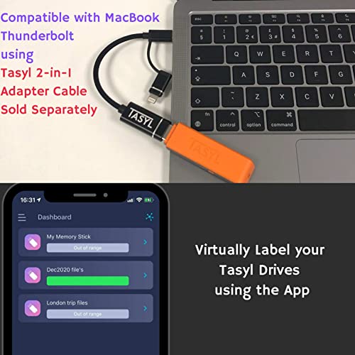 TASYL Track 128 GB USB 3.1 Flash Drive, with Bluetooth Tracker, Find Your Drive Quickly & See Last Known Location with Tasyl App, Up to 210 MB/s Read, Free USB C Adapter, Orange