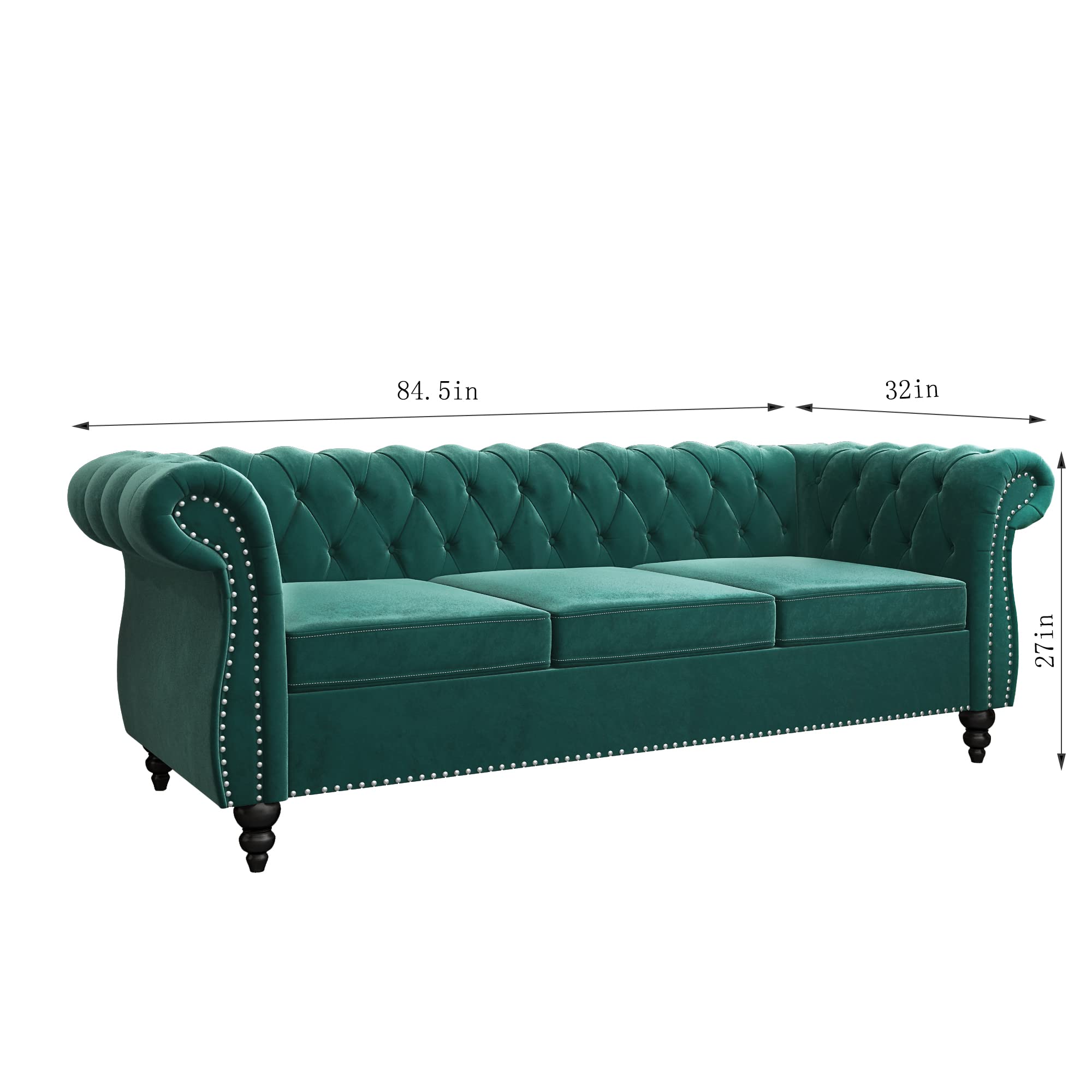3 Piece Living Room Set, Velvet Chesterfield Sofa Loveseat Couch Chair with Scroll Arms and Nailhead for Living Room, Office (Green)