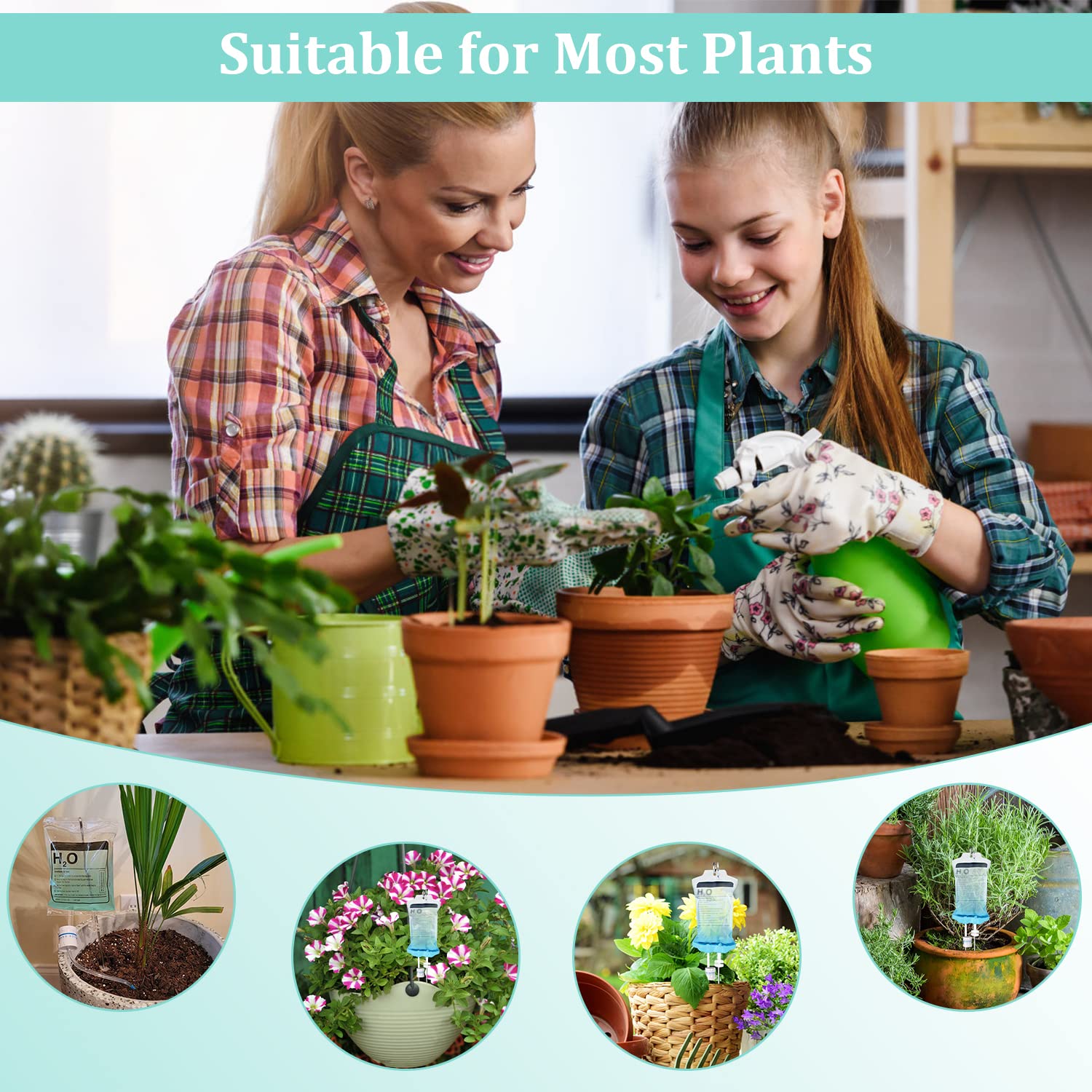 4 Pcs Plant Drip Irrigation Bag, 350ML Plant Self Automatic Flower Watering Devices Irrigation Drippers with Metal Support Rod Self Watering Small Funnel for Indoor Outdoor Automatic Watering System