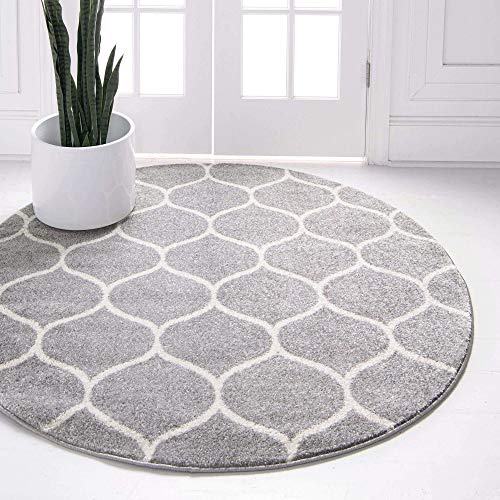 Unique Loom Trellis Frieze Collection Area Rug - Rounded (7' Round, Light Gray/ Ivory)