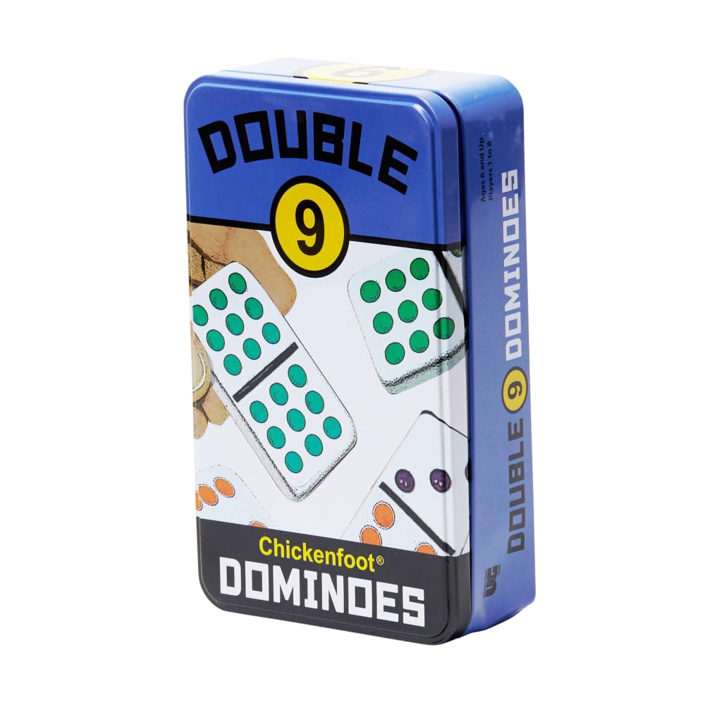 Front Porch Classics | Double 9 Colored Dot Dominoes Travel Tin Set, 2 to 8 Players Ages 8 to 99