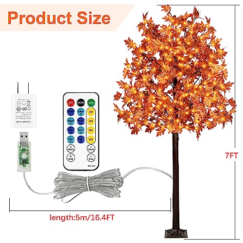7FT 170 LED Lighted Maple Tree - Thanksgiving Decor Artificial Fall Tree with 17 Branches, 17 Acorns 340 Leaves, Remote 8 Flashing Modes, Timing, DC 5V Safe for Outdoor Wedding Party Autumn DecorâŠ