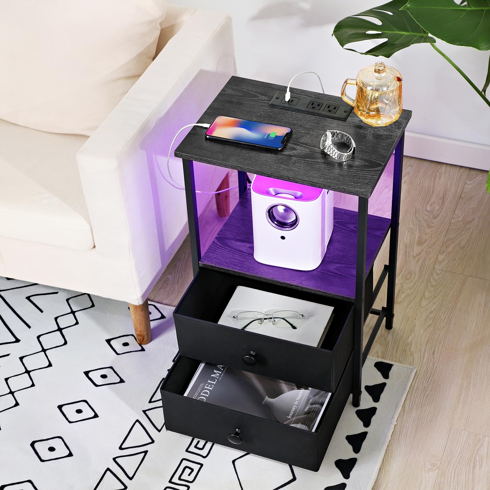 LOAKEKEL Night Stand Set 2, LED Nightstand with Charging Station, End Tables with Storage Shelf for Small Spaces, Bedside Table Side Tables with 2 Fabric Drawers for Bedroom Bedroom HETS02BR