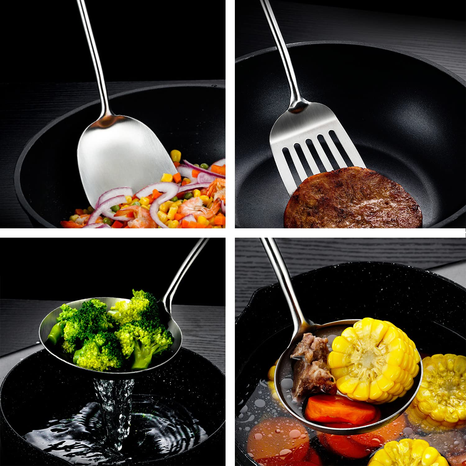 304 Stainless Steel kitchen utensils set 4 Pcs Cooking Utensil, Spatula,Soup spoon,Leaking shovel,Colander Heat Resistant Wooden Handle Kitchen Tools (Black4T)