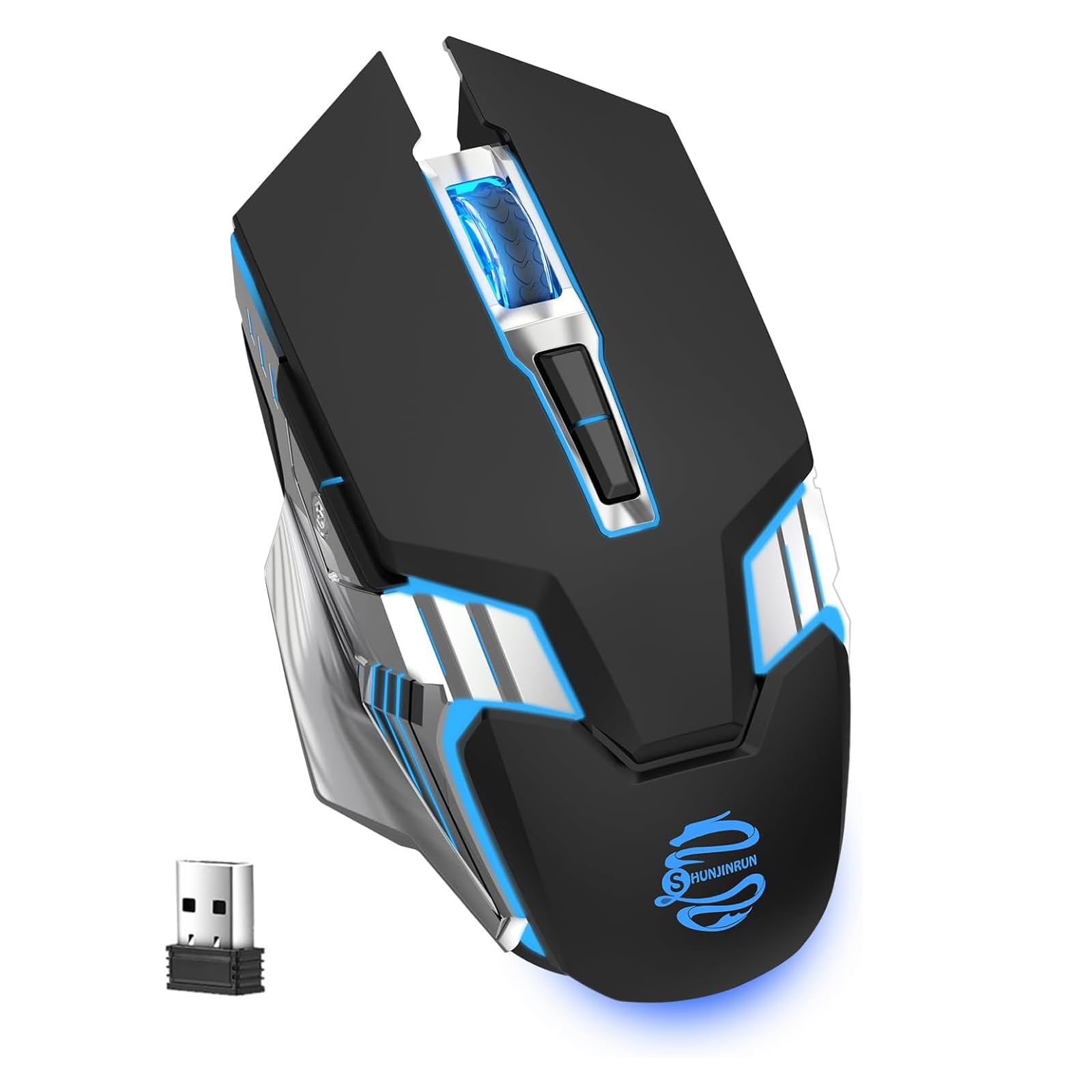 Bluetooth Mouse Rechargeable, Wireless Gaming Mouse Multi Device(BT5.0/3.0+2.4G) with Side Buttons, USB Receiver, RGB Backlit, Cordless Computer Mice for Laptop, Windows PC Mac Tablet(Black-Mute)