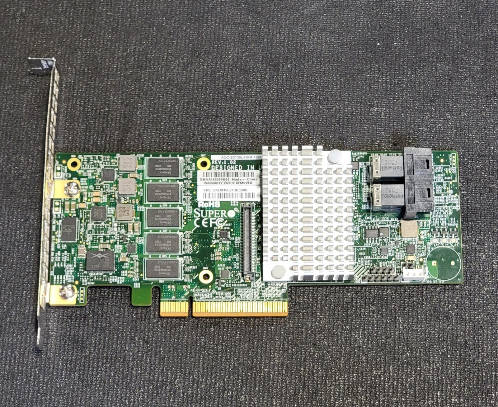 Supermicro AOC-S3108L-H8IR-16DD Add-on Card - Storage controller (RAID) - 8 Channel - SATA 6Gb/s/SAS 12Gb/s low profile - 1.2 GBps - RAID 0, 1, 5, 6, 10, 50, 60 - PCIe 3.0