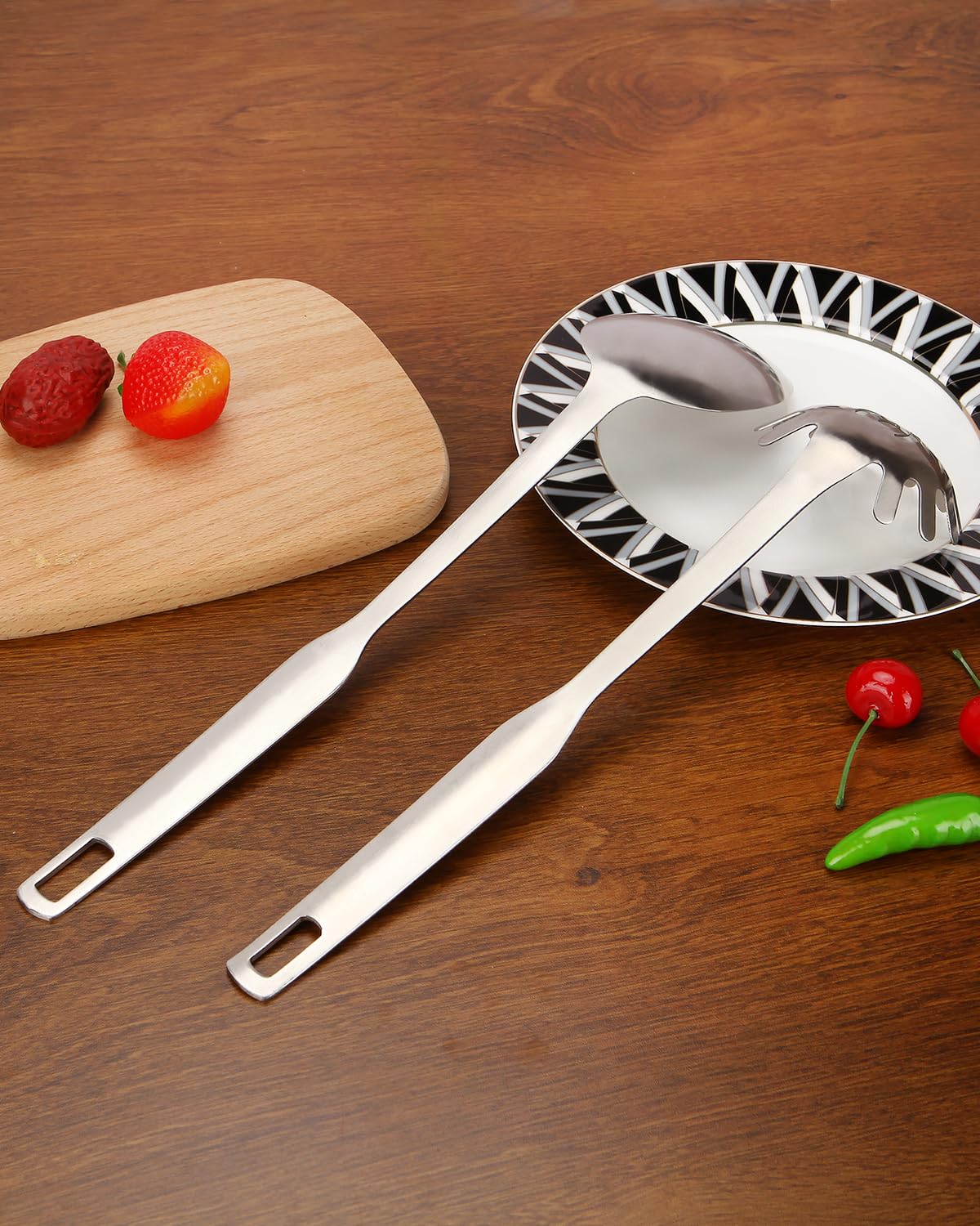 Stainless Steel Pasta Spoons and Forks, Kitchen Noodle Spoon Server, Metal Spaghetti Strainer,12.7β&14.5", Matte