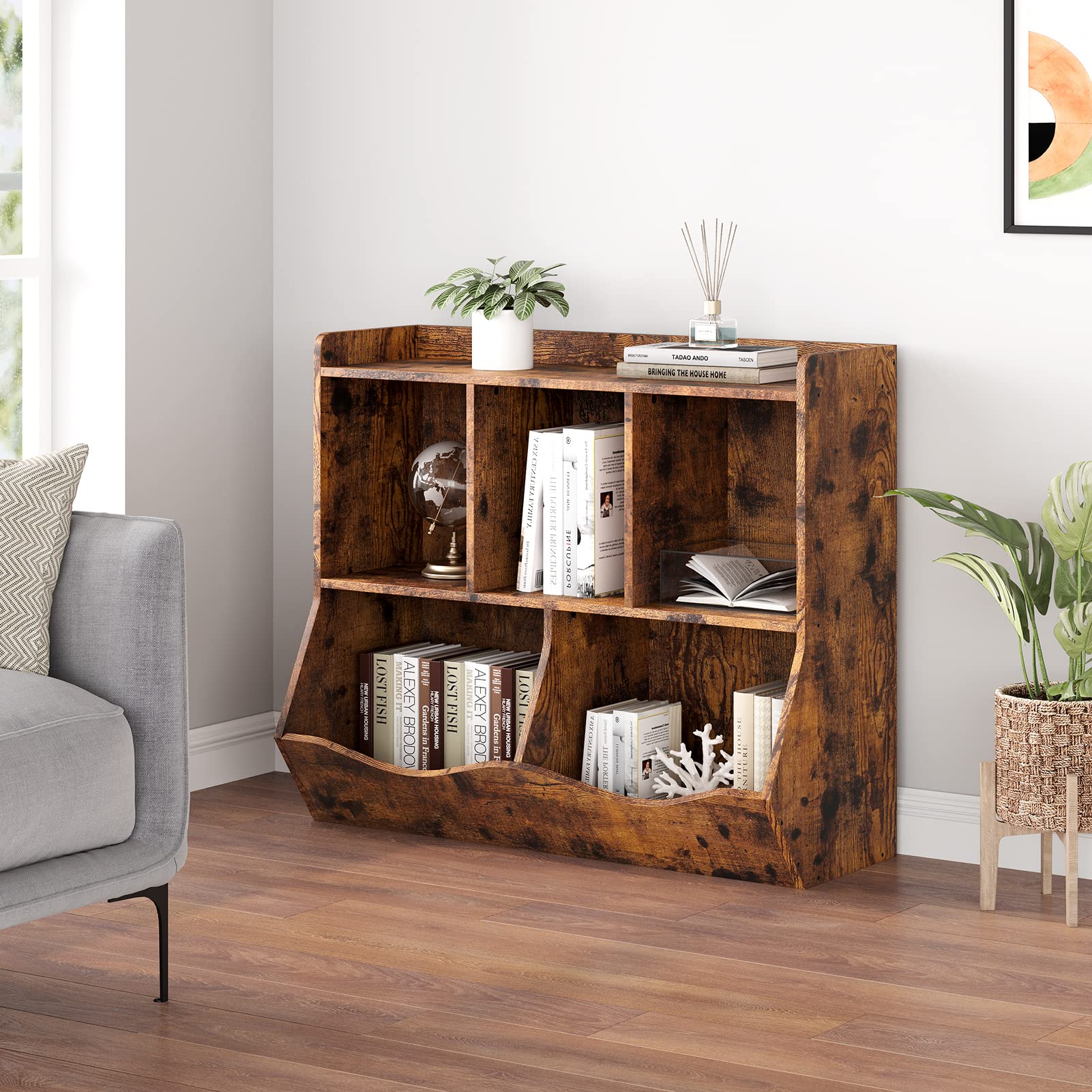 coucheta Toy Bookcase and Bookshelf, Multi Shelf with Cubby Organizer Cabinet for Storage Books and Toys, for Bedroom, Playroom and Hallway (Retro Brown)