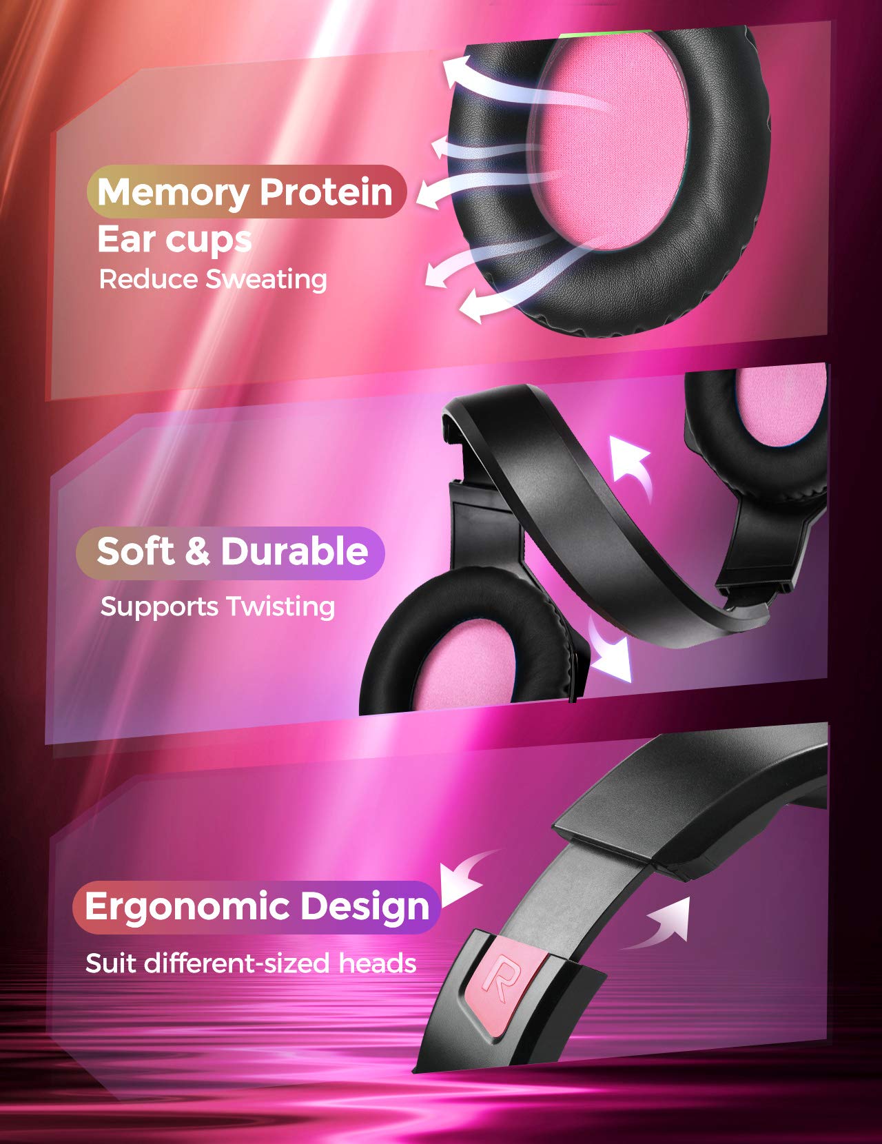 MW ACC CA Gaming Headset Pink for PS4, PS5, PC, Xbox One, Over Ear Headphones with Noise Cancelling Mic, PC Headset with Bass Surround Sound, LED Light, for Laptop Mac Switch, Girls, Kids