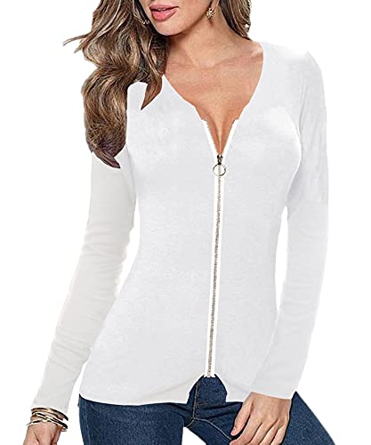 Afibi Women V Neck Zip Front Long Sleeve Casual Top Blouse Shirt/Cardigan (Large, White)