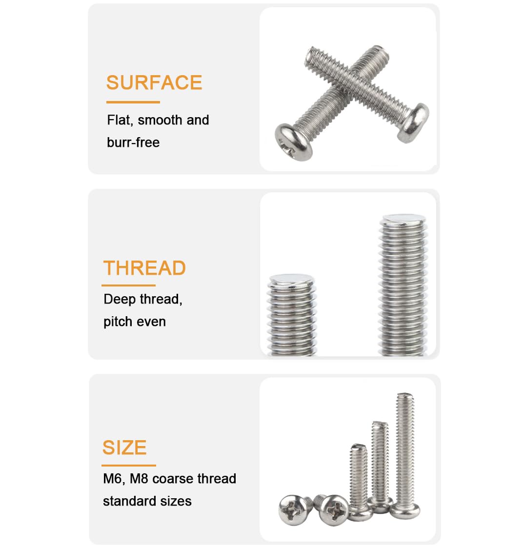 binifiMux 50pcs 1/4-20 Inch Round Head Phillips Machine Screws Assortment Kit, 304 Stainless Steel Silver Tone, 1/4 x 3/4,1,1-1/8,1-5/8,2 Inch