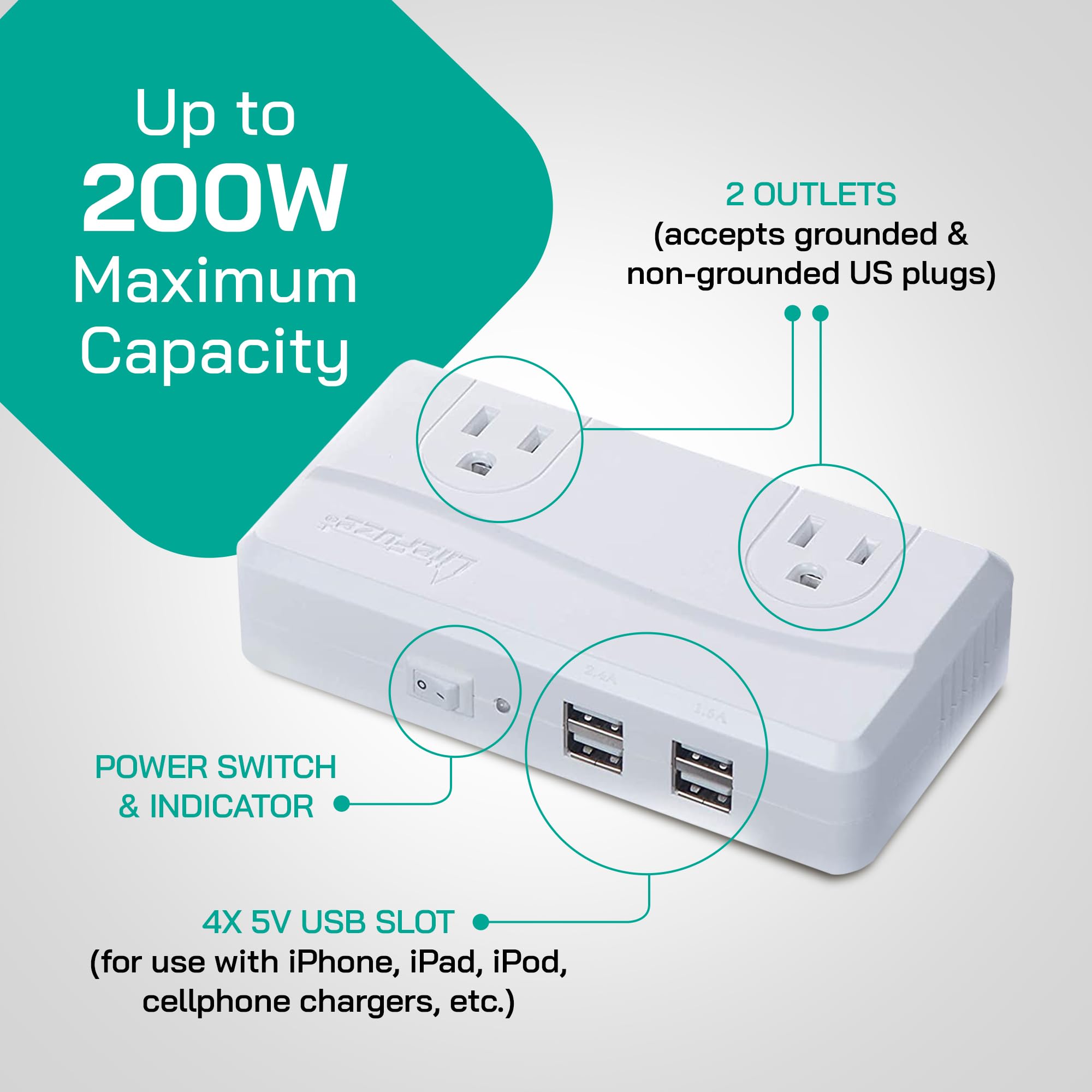 LiteFuze 200W Travel Compact Voltage 220V 50hz to 110V 60Hz Converter - for Clippers, Shavers, Trimmers - EU AU UK Adapter