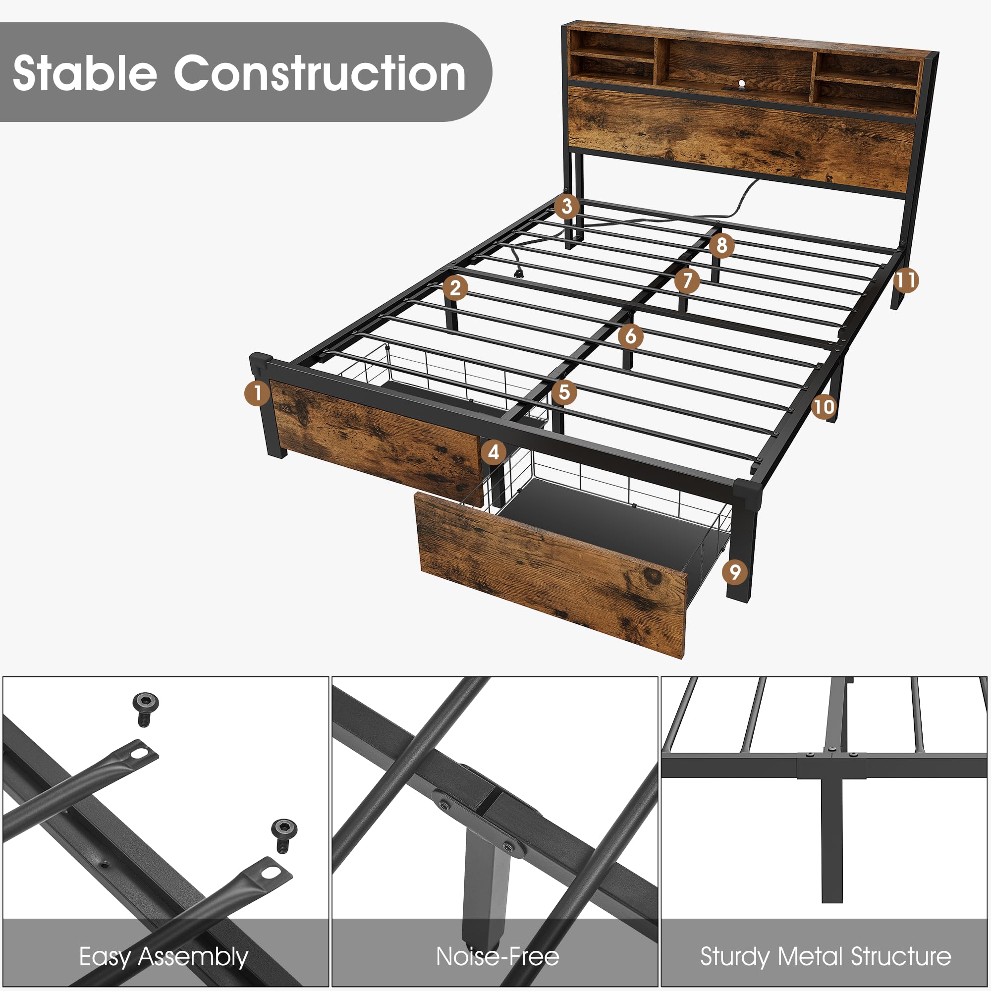 Alohappy Queen Bed Frame with Storage Headboard and Drawers,Metal Platform Bed Frame Queen Size with RGB Led Lights and Charging Station, No Nosie No Box Spring Needed (Queen (U.S. Standard))