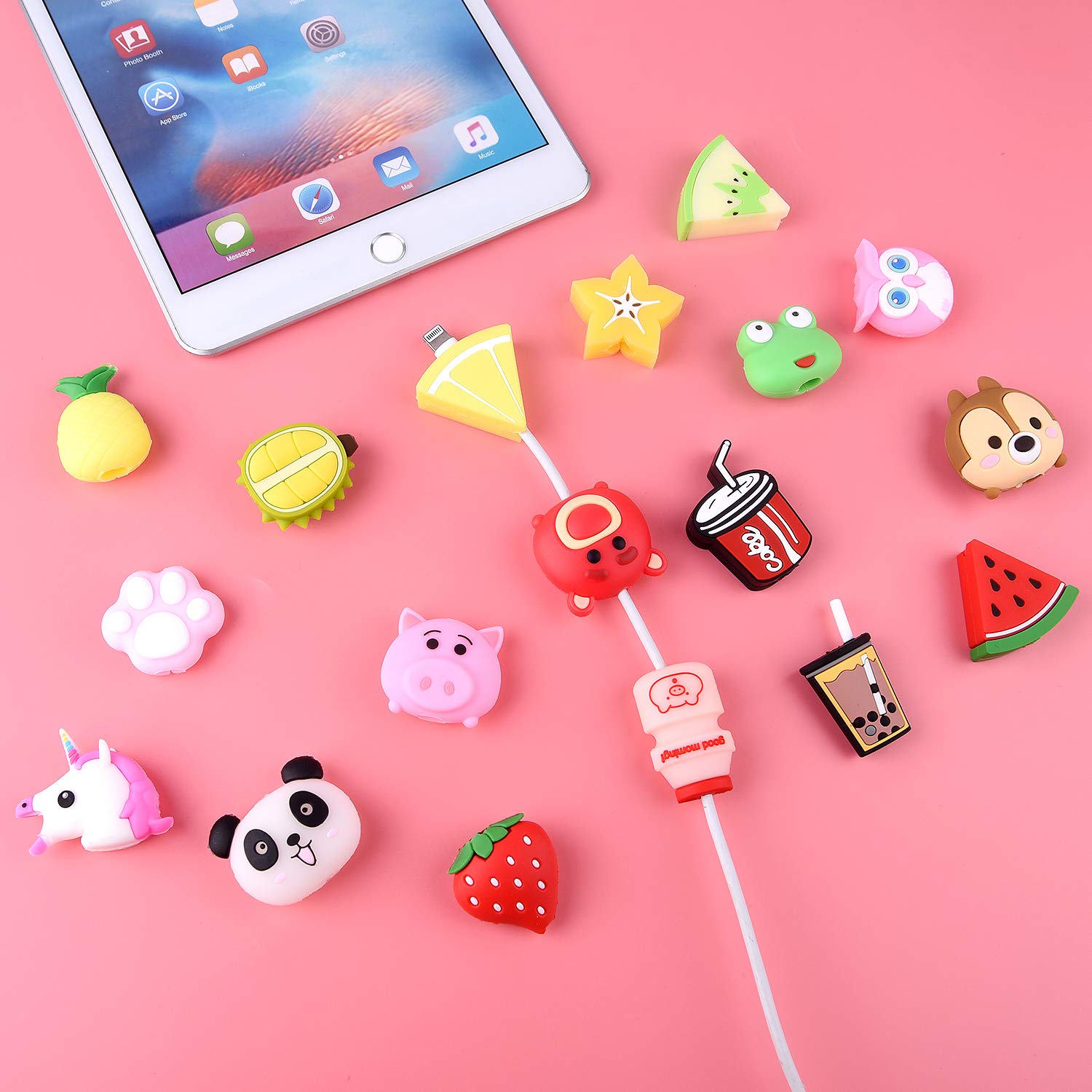 TUPARKA 18 Pcs Cable Protector for iPhone Charging Cable, Plastic Cute Fruit Drink Bottle Animal Charging Cable Saver, USB Cable Saver Phone Accessory Protect Charger Cable