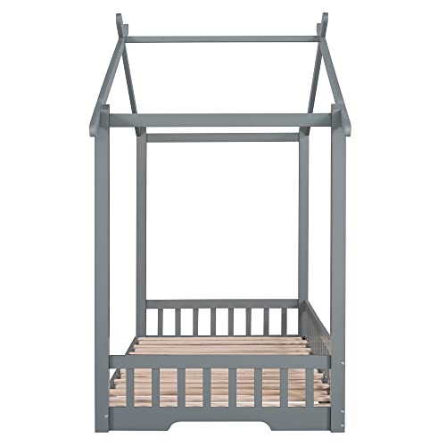 AOCOROE House Bed Frame Twin/King Bed Frame for Boys and Girls, Wood Extending Twin to King Extendable Playhouse-Design Montessori Floor Bed Platform Bed Frame with Trundle
