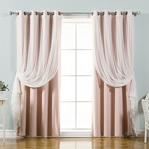 Best Home Fashion Mix & Match Tulle Sheer Lace & Blackout Curtain Set - Antique Bronze Grommet Top - Dusty Pink - 52"W X 84"L - (2 Curtains and 2 Sheer curtains)