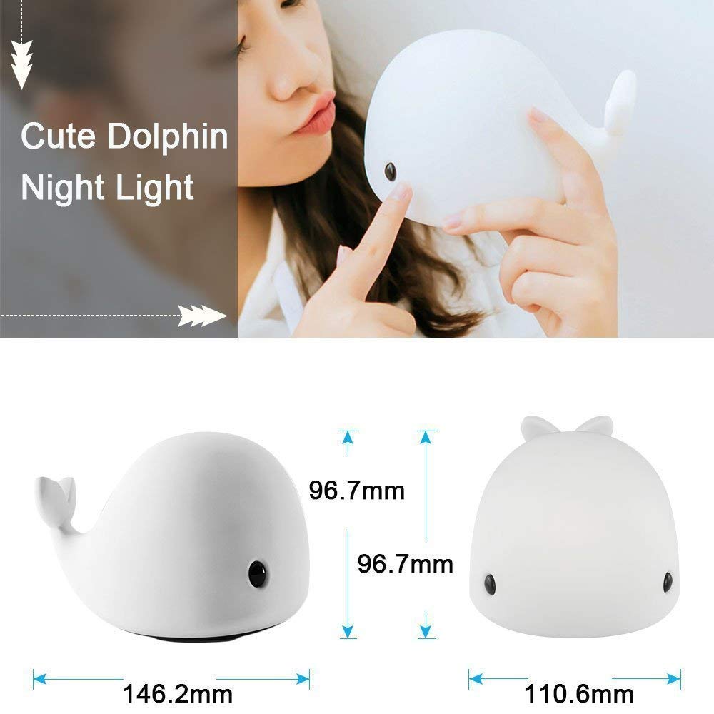 Mystery 4-Modes Children Night Light, USB Rechargeable Dolphin Night Light With Warm White, Strong White, 5 Single Colors and 5-Color Breathing Modes, Sensitive Tap Control for Baby Adults Bedroom
