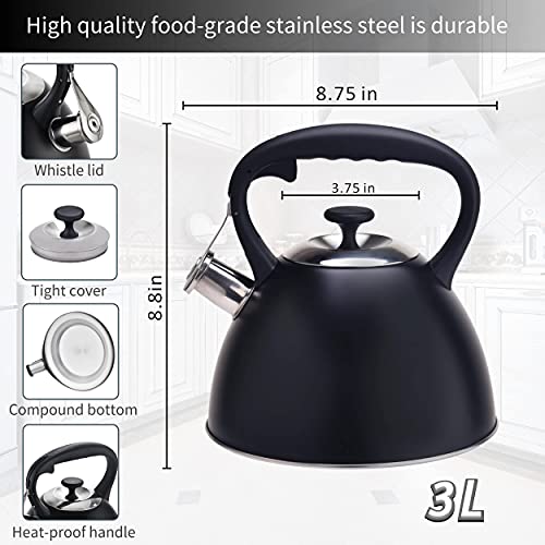 ARC, 346, 3.2 Quart / 3L Tea Kettle Food Grade with Heat Resistance Handle, Stainless Steel Teapot for Stovetop, Anti-Rust and Loud Whistling (3L - Black durable color 3)