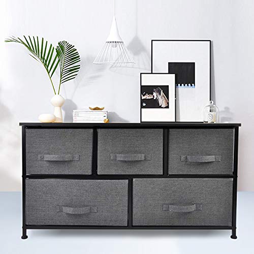 CERBIOR Wide Drawer Dresser Storage Organizer 5-Drawer Closet Shelves, Sturdy Steel Frame Wood Top with Easy Pull Fabric Bins for Clothing, Blankets - Charcoal