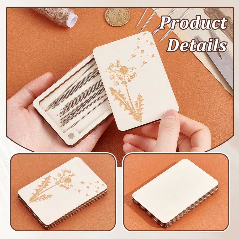 AHANDMAKER 2 pcs Wooden Needle Box Sewing Needle Storage Box Sewing Pins Organizer with Dandelion Print For Quilters, Sewers, Tailors, Antique White,3.15"x1.97"x0.14"