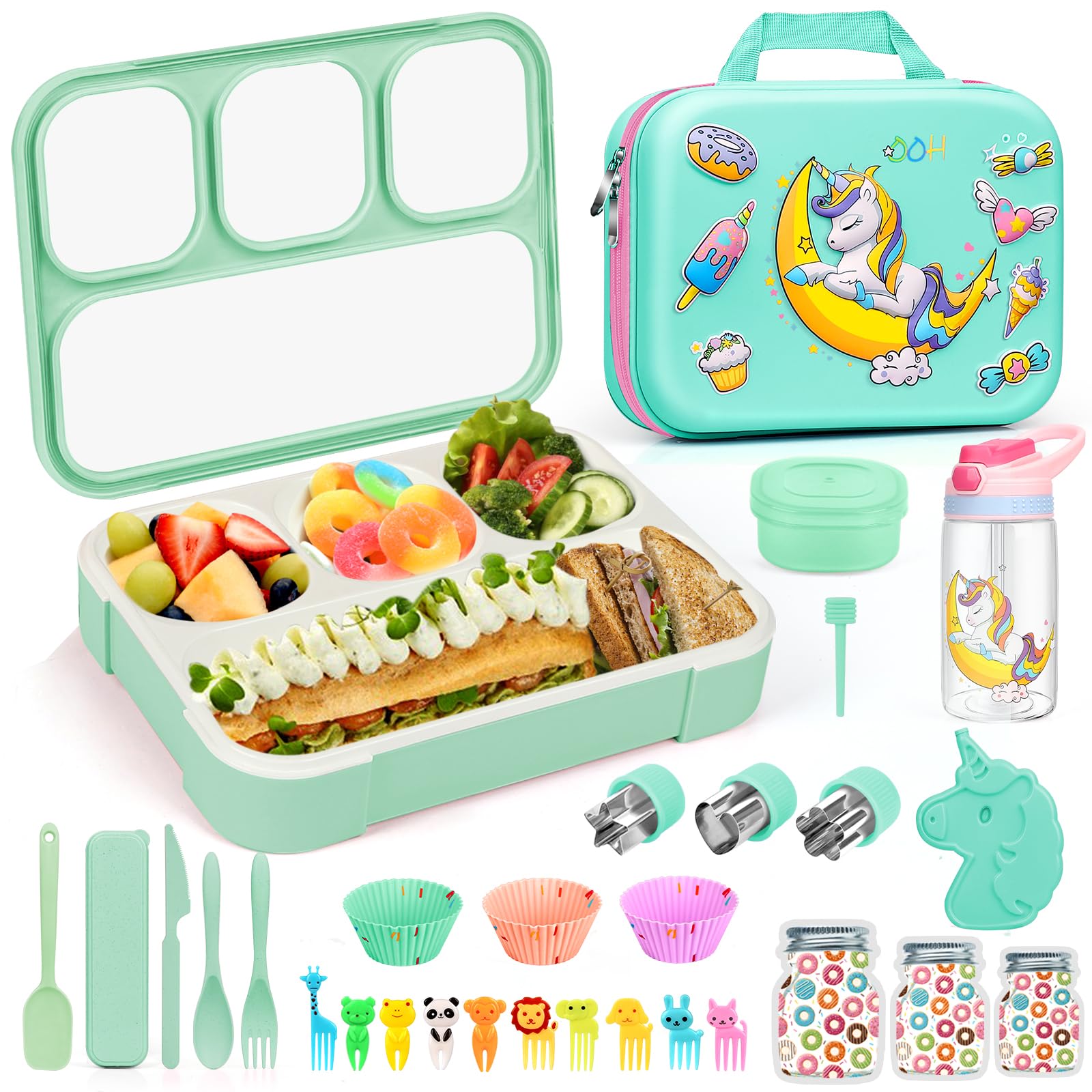 30Pcs Lunch Box for Girls,Insulated Unique Lunch Bag Set 4 Compartments Bento Box with Lunch Accessories Ice Pack Water Bottle Silicon Cap Spoon Fork Salad Container for Lunch Kids School Supplie,Pink