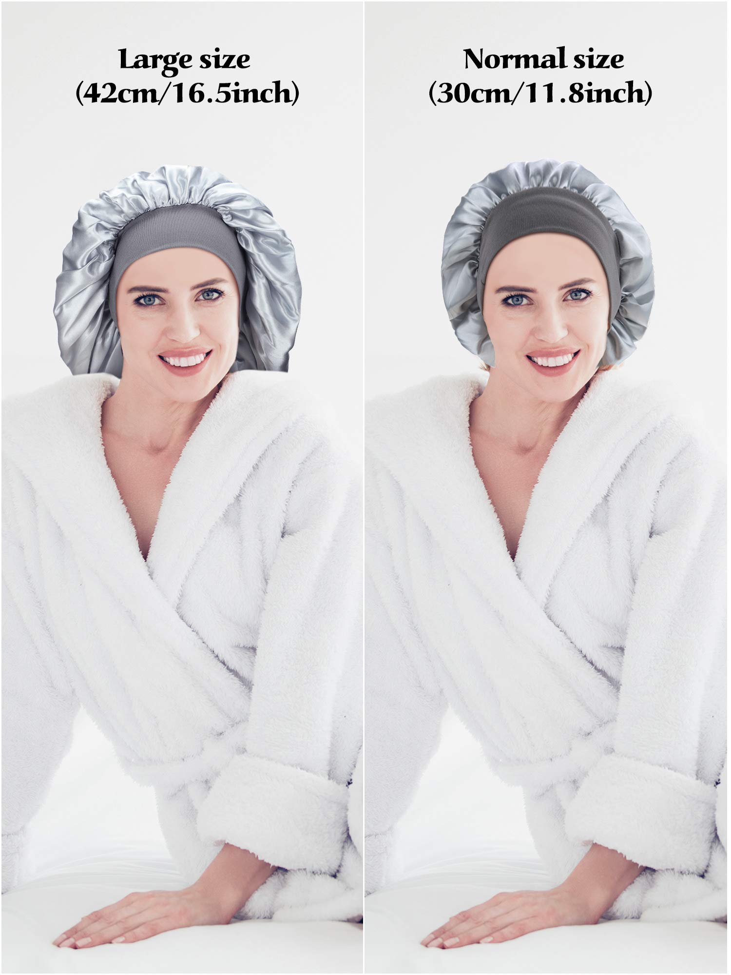 3 Pieces Satin Sleep Cap Elastic Wide Band Hat Night Sleeping Head Cover for Good Sleeping (Silver, Black, Wine Red, Medium)