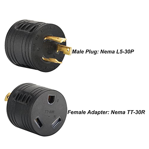 30 Amp 3 Prong Generator Adapter,Nema L5-30P Male Plug to Nema TT-30R Female Converter,RV Generator Power Adapter,Black,Erboelec