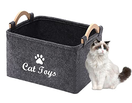 Geyecete CAT Toys Storage Bins - with Wooden Handle,Collapsible Pet Supplies Storage Basket Pet supplies storage Basket/Bin Kids Toy Chest Storage Trunk-CAT (Grey)