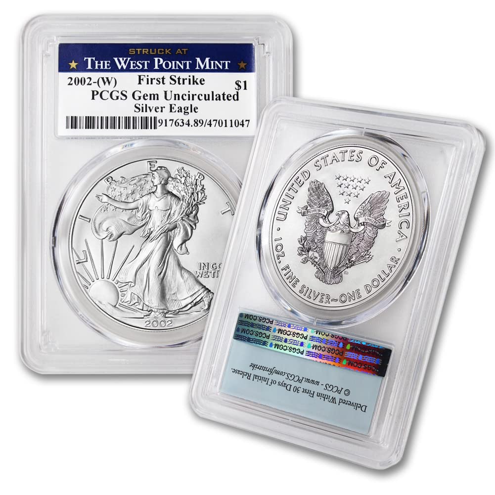 2002 (W) 1 oz American Eagle Silver Eagle Coin Gem Uncirculated (First Strike - Struck at The West Point Label) $1 PCGS GEMUNC
