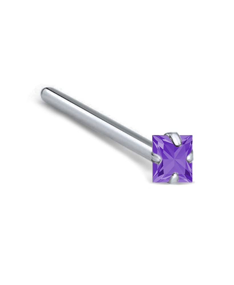 316L Surgical Steel 15mm Straight Nose Ring 2mm Square Stone Purple 20G