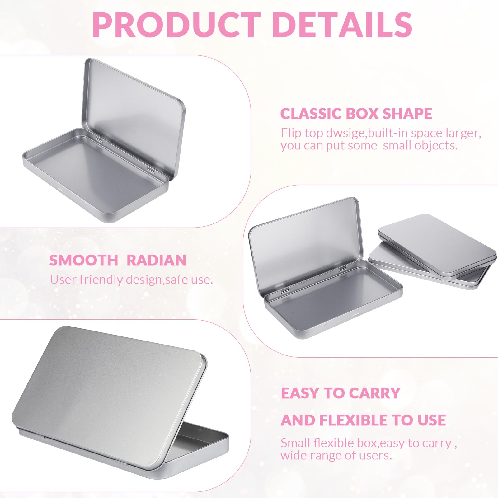 Rectangular Metal Tin Box with Lid Metal Hinged Lid Tin Metal Empty Tin Box Container Silver Storage Tin Box for Watercolor Jewelry Pen Eraser Pill Candy Craft Organize 7 x 4.25 x 0.59''(20 Pieces)