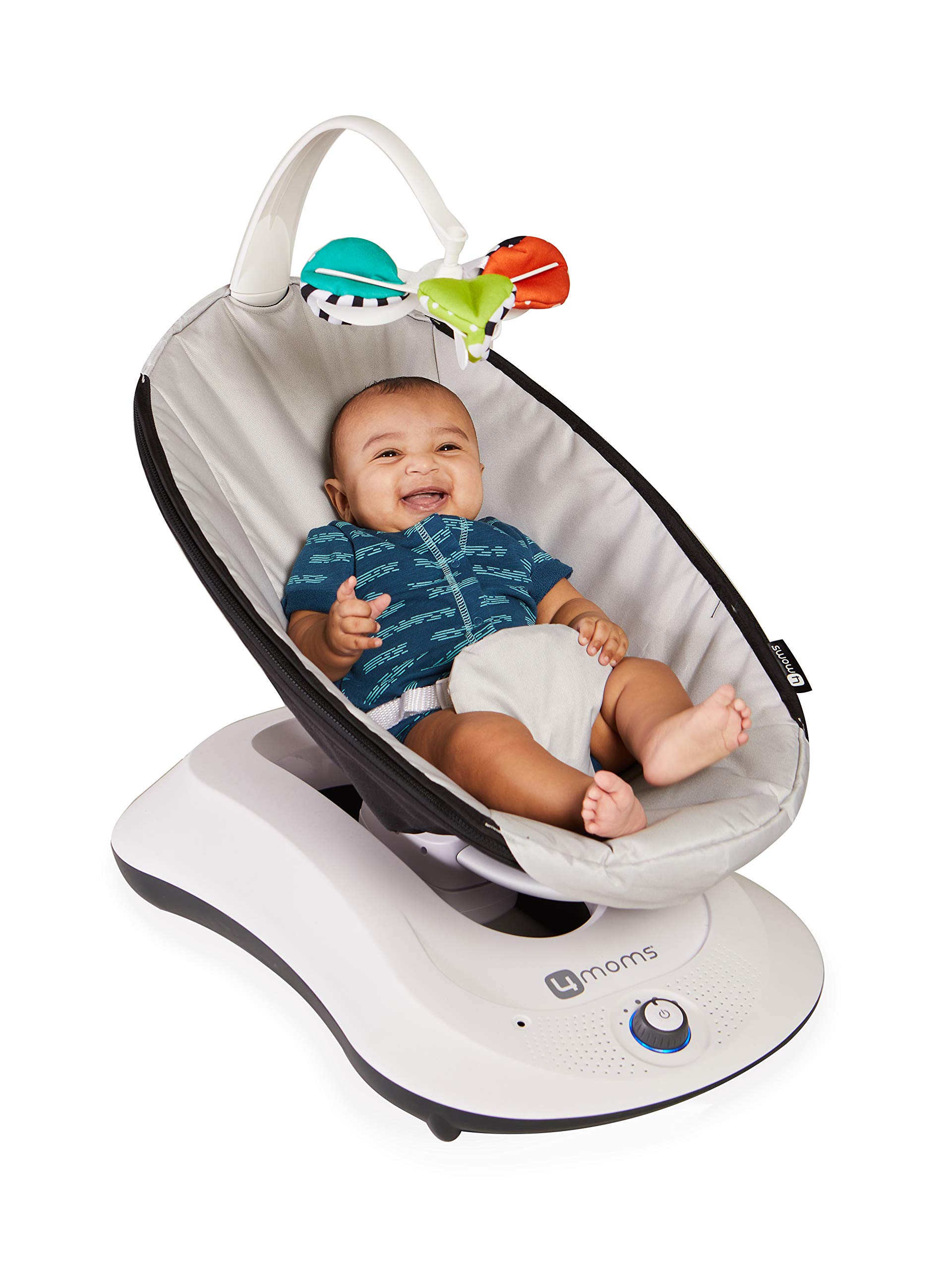 4moms RockaRoo Baby Rocker + Safety Strap Fastener, Compact with Front to Back Gliding Motion, Grey Classic