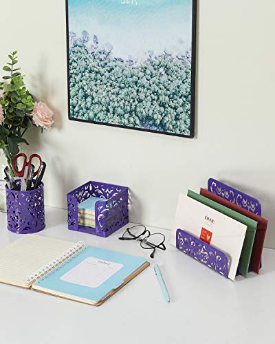 EasyPAG Cute Office Supplies 3 Piece Desk Organizer and Accessories Set - Letter Sorter, Pen Holder,Sticky Notes Holder,Purple