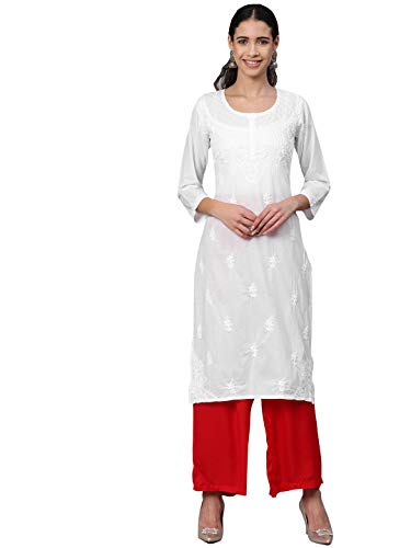 Ada Indian Hand Embroidered Chikankari White Cotton Kurti Kurta Tunic for Women A100376 (Small)