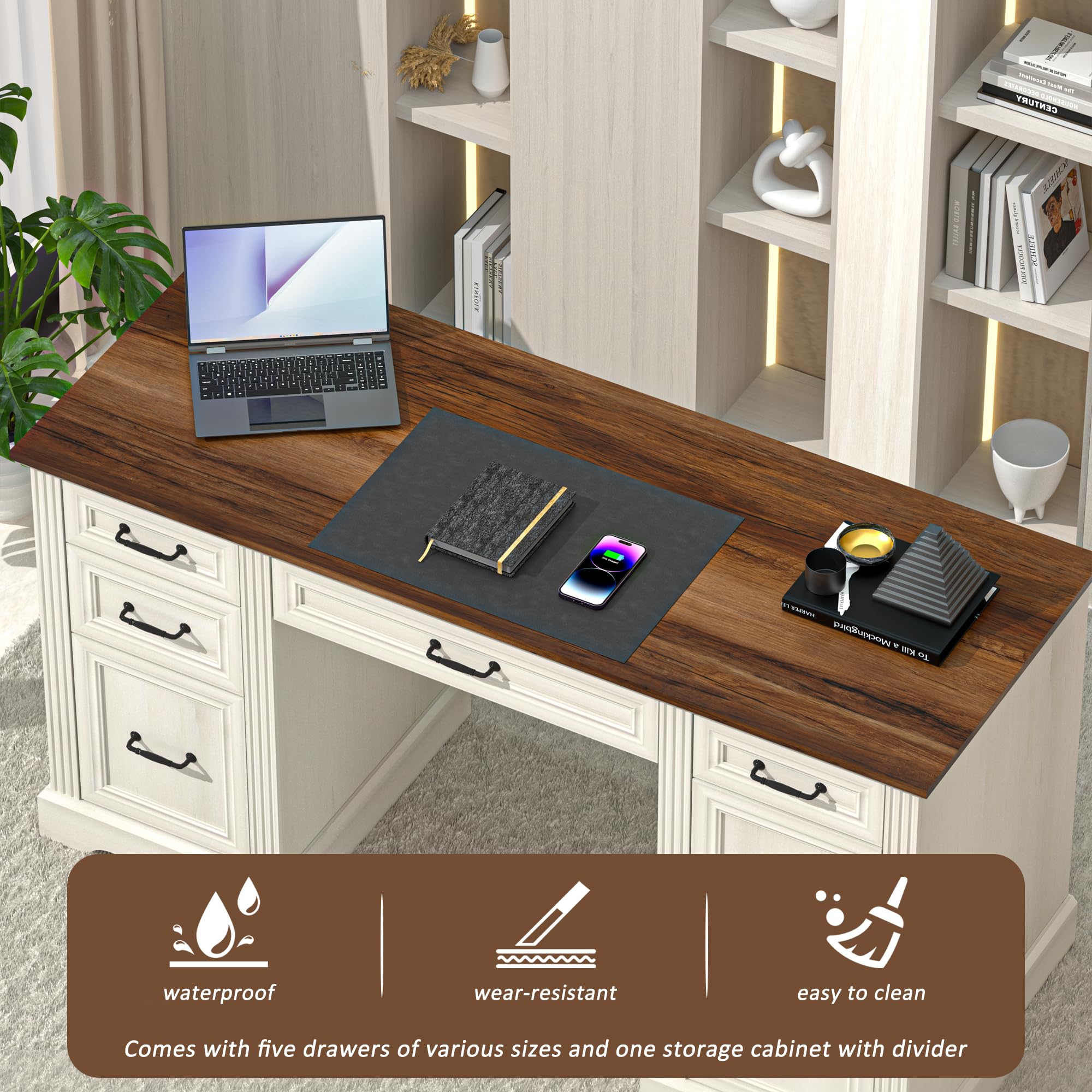AHB 58" Executive Desk, Home Office Desk with Drawers and Cabinet, Wooden Workstation with Storage, Farmhouse Desk for Writing, Studying, Working